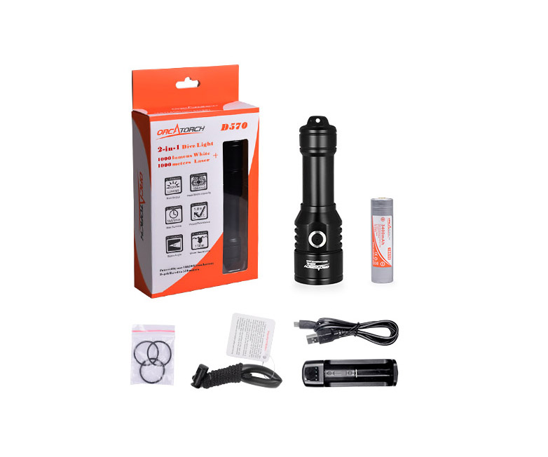 OrcaTorch D570-GL 2.0 1500 Lumens Dive Light and Green Laser D570-GL-B