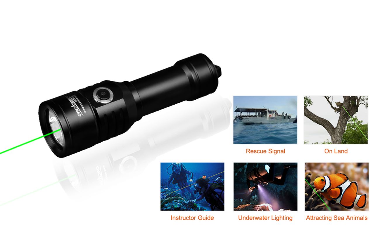 OrcaTorch D570-GL 2.0 1500 Lumens Dive Light and Green Laser D570-GL-B